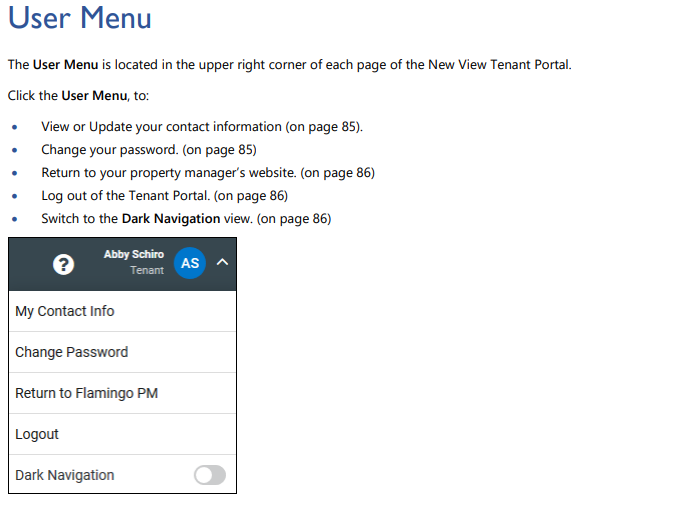 Tenant Portal User Menu